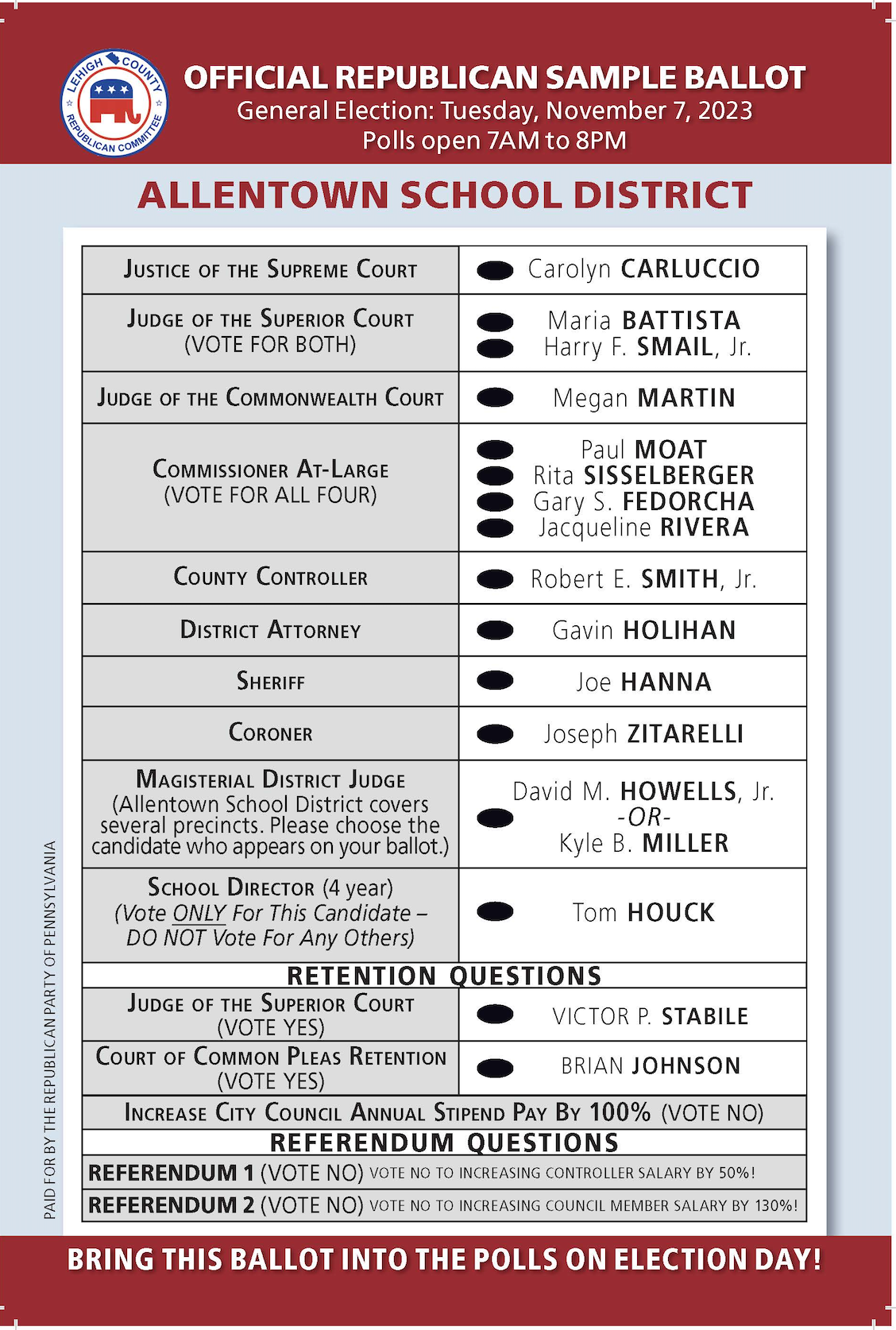 2023 General Ballot Slate Cards – Lehigh County Republican Committee