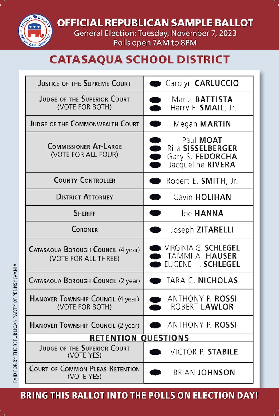 2023 General Ballot Slate Cards – Lehigh County Republican Committee